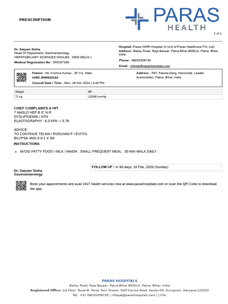 Paras Hospital Prescription Report | PDF