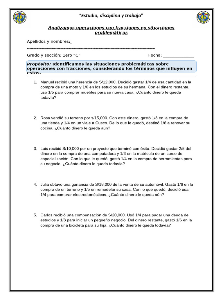 5 Ficha Sesión 1ro C | PDF