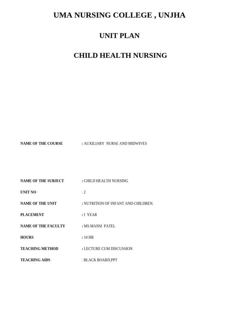 Unit Plan Child Health Anm | PDF | Breastfeeding | Nursing