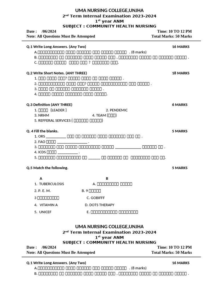 Community Health Nursing Paper 2ND Term | PDF