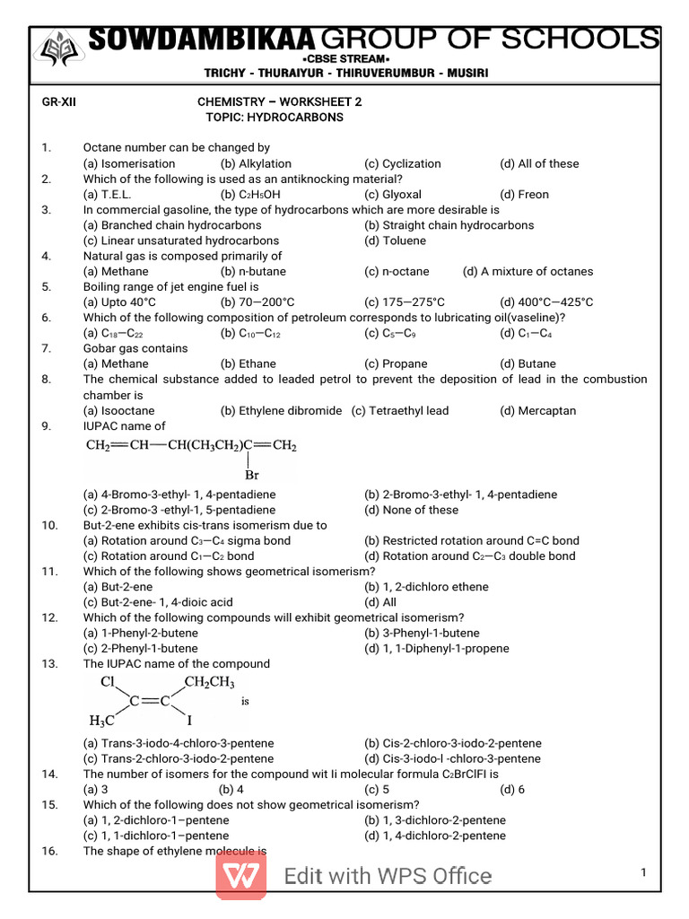 Gr-Xi Chemistry-Worksheet 2 (Hydrocarbons) | PDF | Alkene | Benzene