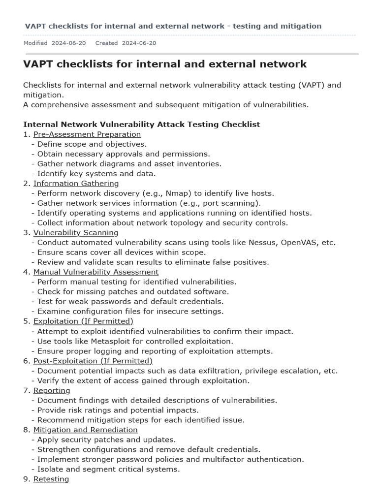 VAPT Checklists For Internal and External Network | PDF | Vulnerability (Computing) | Security