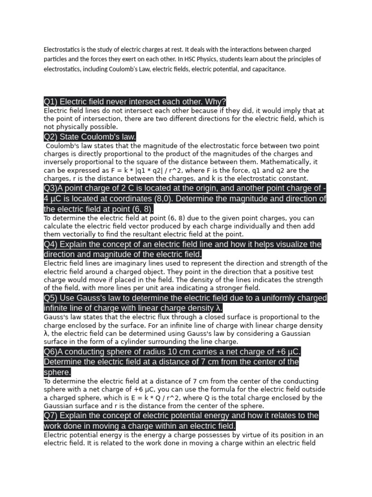 Electrostatics Pdf Electric Field Electrostatics