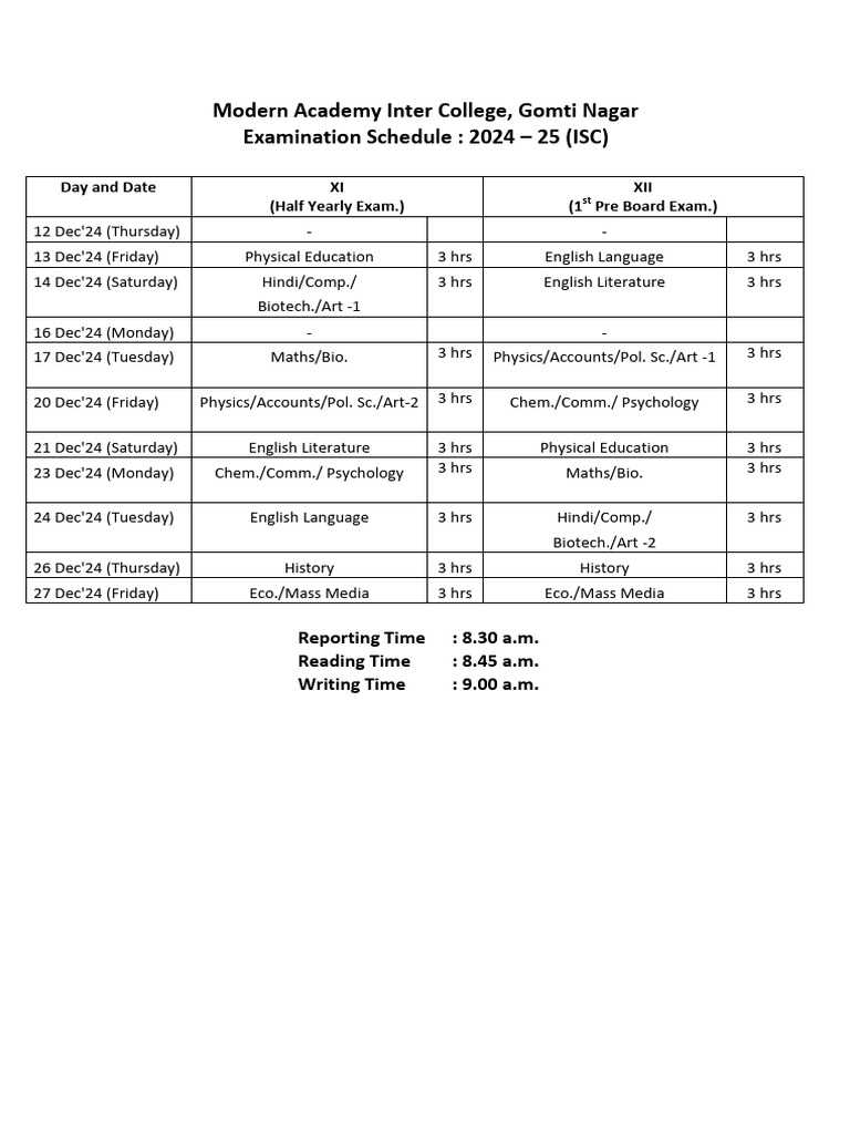 ISC Exam Schedule 2024-25 | PDF