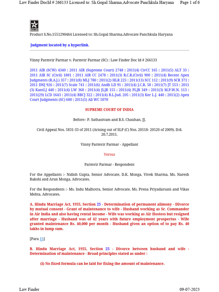 Vinny Parmvir Parmar Vs. Parmvir Parmar | PDF | Alimony | Appeal