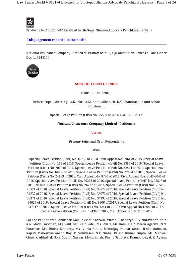 National Insurance Company Limited vs. Pranay Sethi | PDF | Cost Of ...