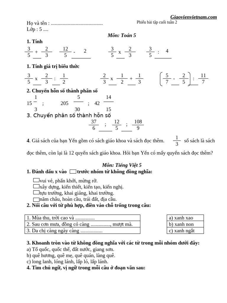 Bai Tap Cuoi Tuan Lop 5 CA Nam | PDF