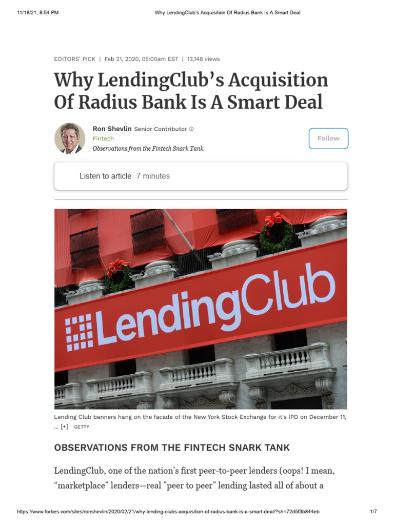 Why LendingClub's Acquisition of Radius Bank Is A Smart Deal | PDF ...