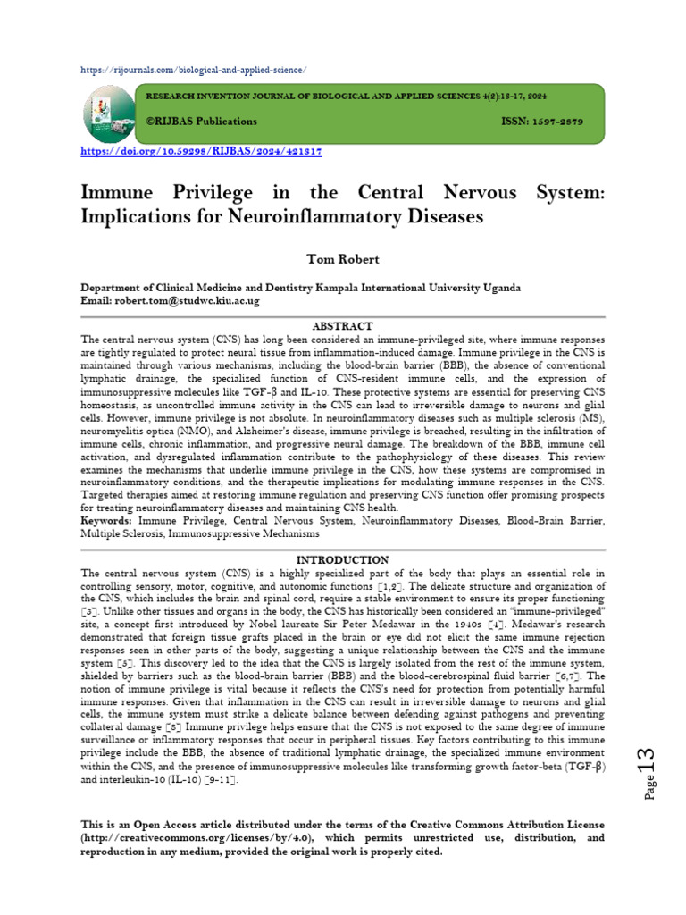 Immune Privilege in The Central Nervous System: Implications For ...