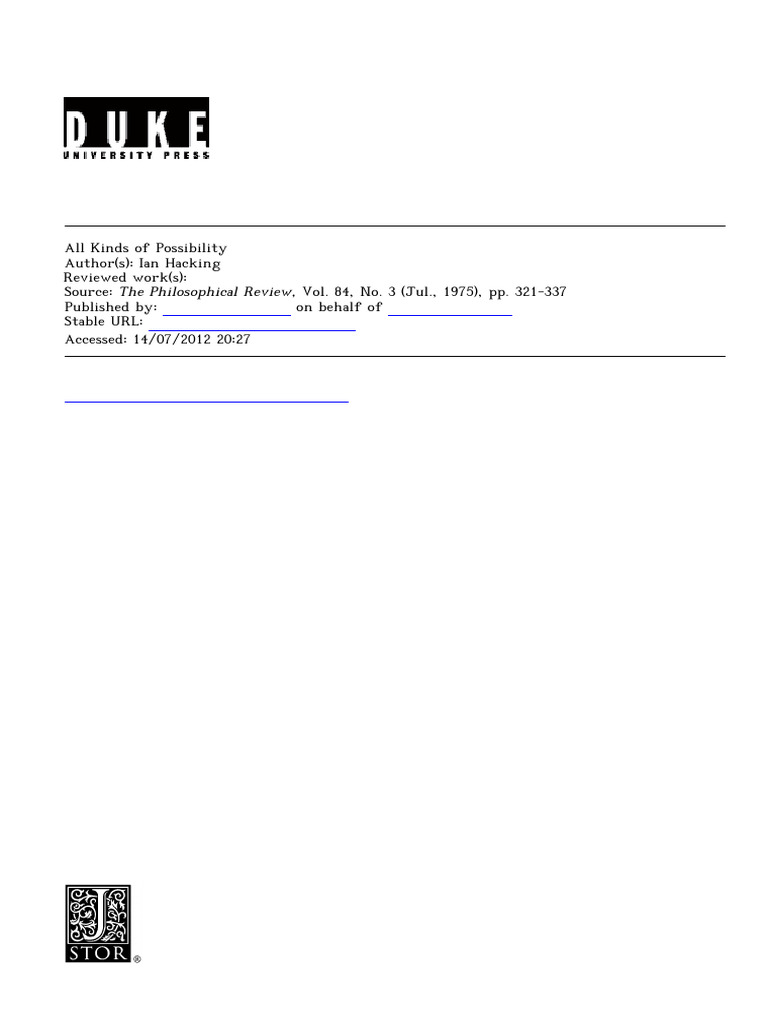 Hacking, Ian - All Kinds of Possibility (1975) | PDF | Modal Logic | Truth Hacking, Ian - All Kinds of Possibility (1975) | PDF | Modal Logic | Truth