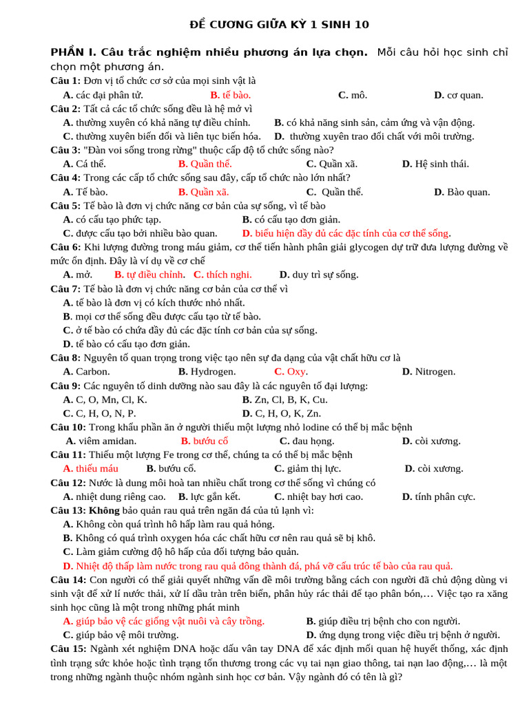 ĐỀ CƯƠNG GKI - SINH 10 24-25 - De | PDF