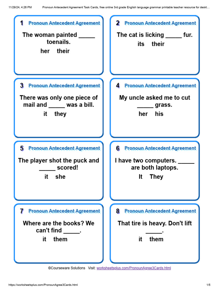 Exit Tickets - Pronoun Antecedent Agreement Task Cards | PDF | Pronoun ...