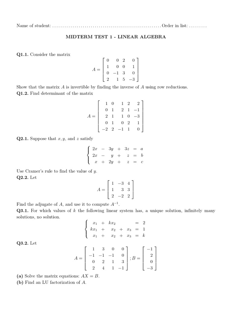 Midterm-1 | PDF | Determinant | Eigenvalues And Eigenvectors Midterm-1 | PDF | Determinant | Eigenvalues And Eigenvectors