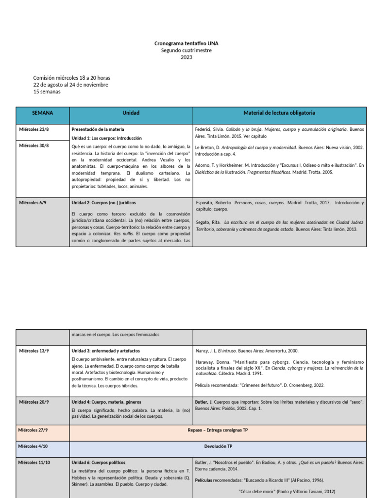 Cronograma UNA Segundo Cuatri 2023 | PDF