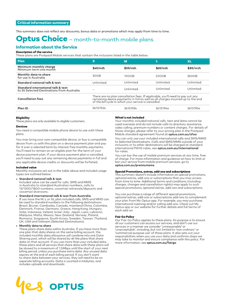Optus Choice October 22 | PDF | Roaming | Fee