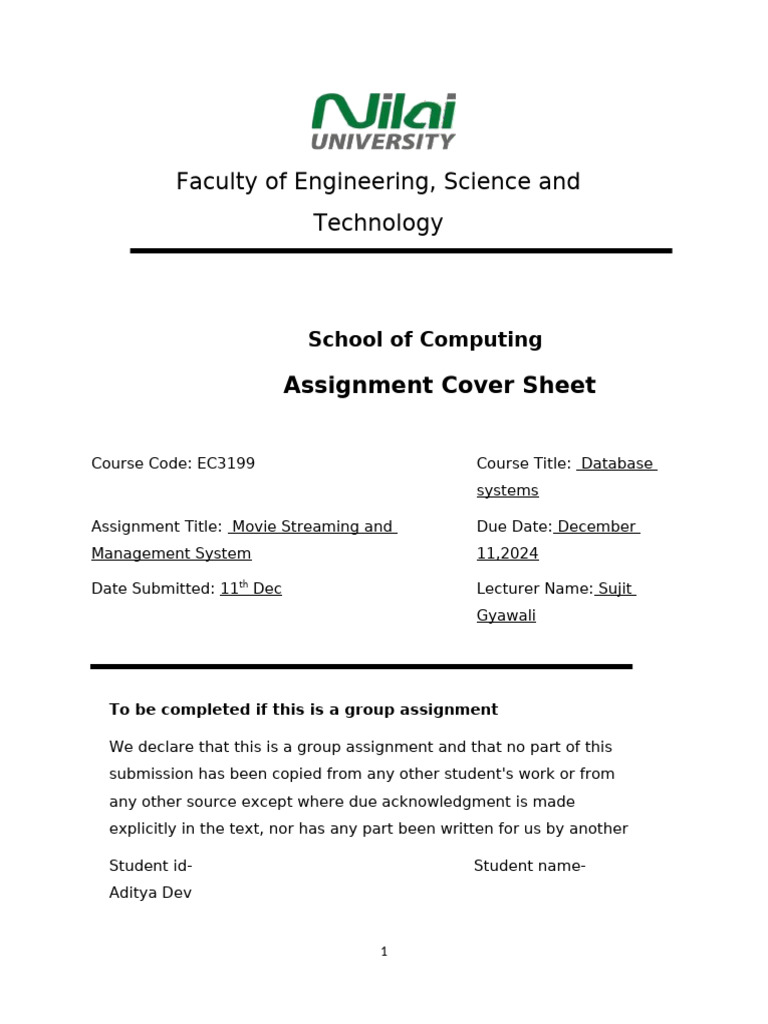 Faculty of Engineering, Science and Technology: Assignment Cover Sheet ...