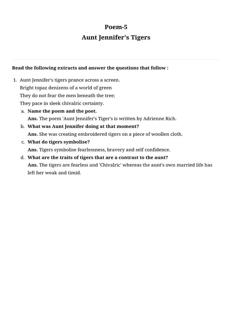 Poem-5 Aunt Jennifer's Tigers | PDF