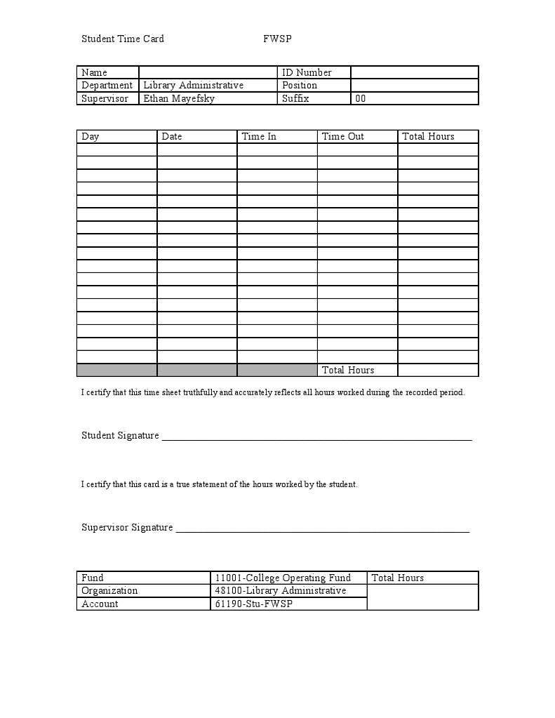 Student Time Card for Library Admin | PDF