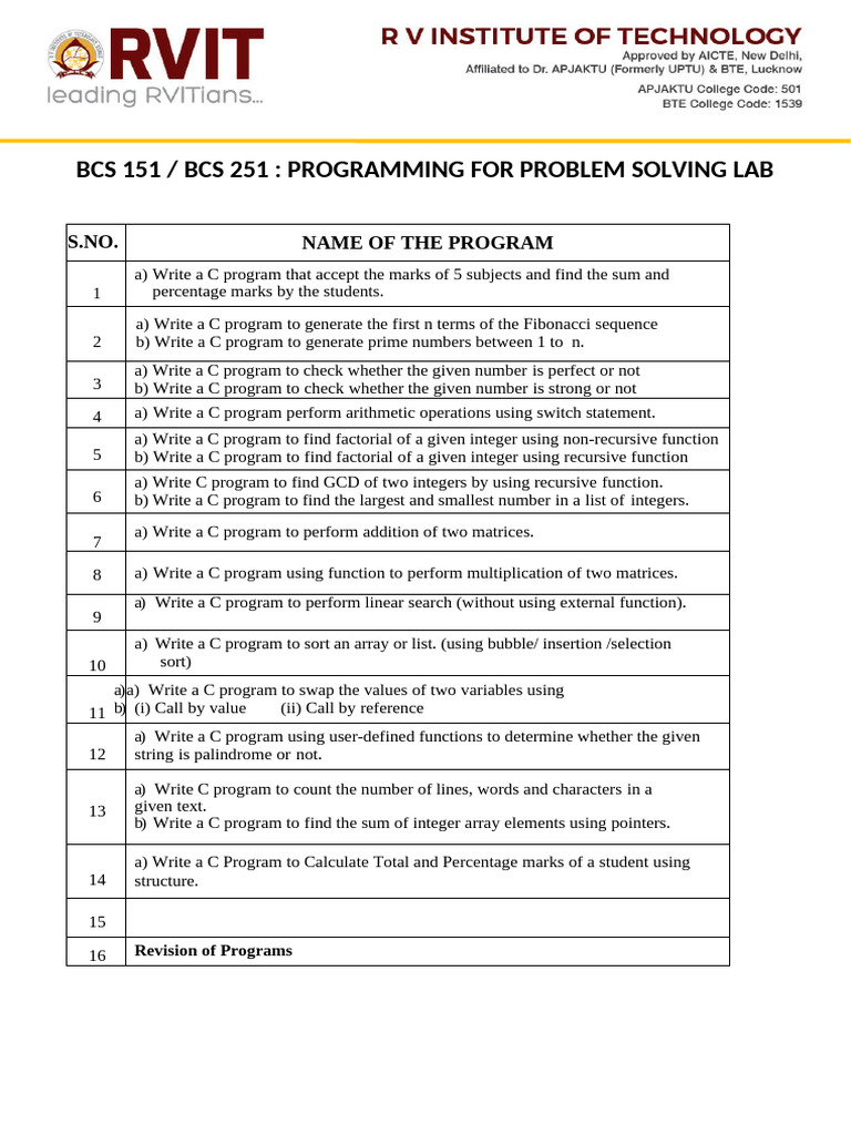 List of Practicals BCS 151 | PDF