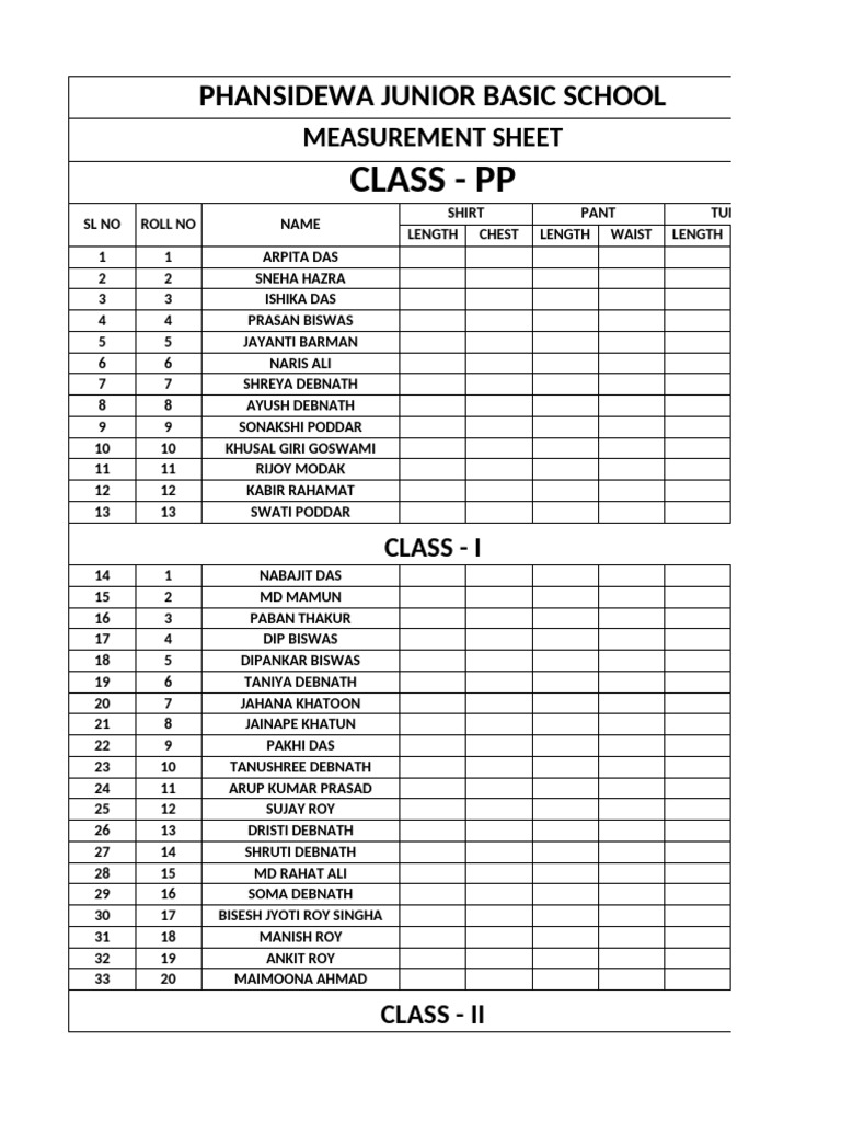 Measurement Sheet All Students | PDF