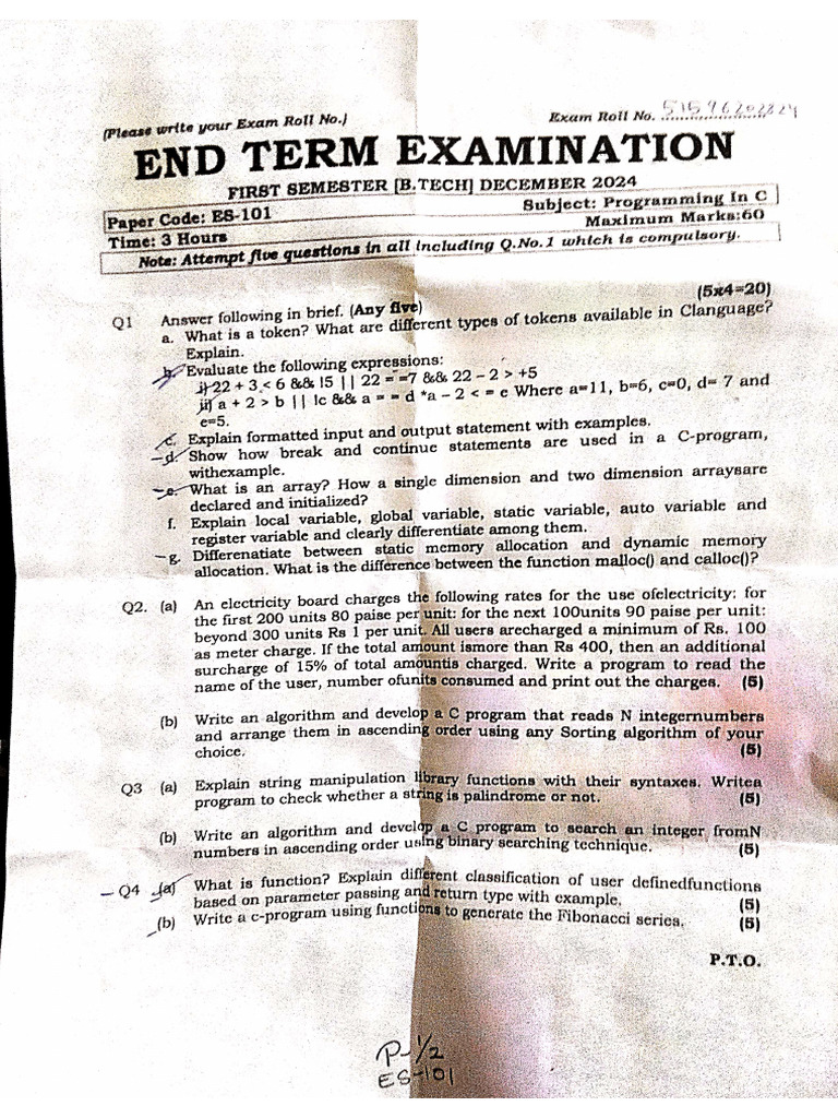 1st Sem, End Term 2024 All Ques Paper | PDF