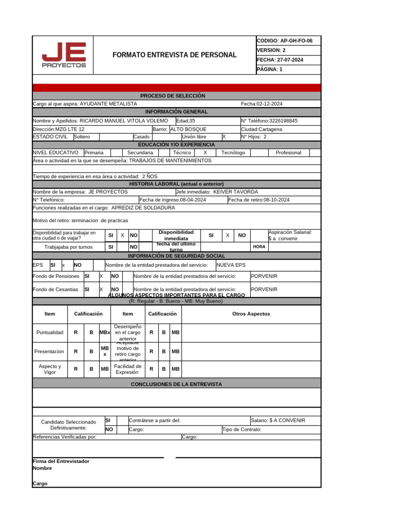 Formato de Entrevista para Ayudante Metalista | PDF