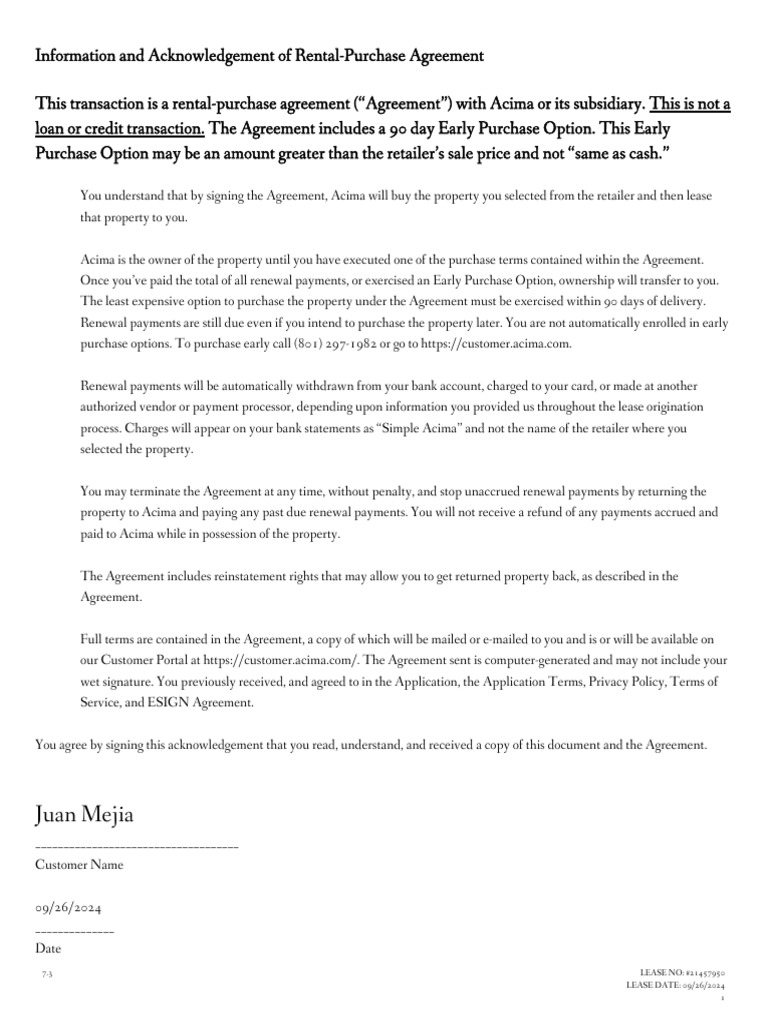 Acima Lease Agreement | PDF | Arbitration | Lease