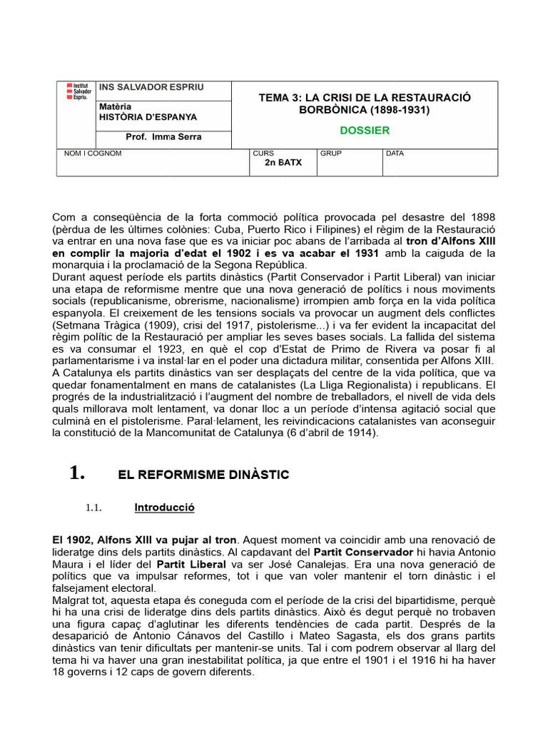 2324 Dossier Apunts Tema 3 La Crisi de La Restauració | PDF