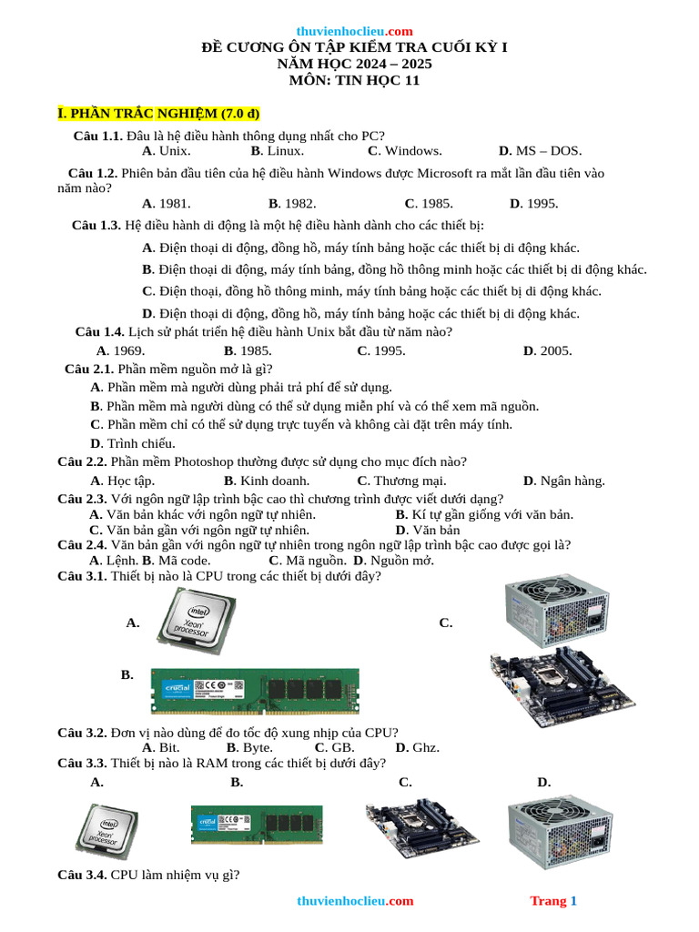 De Cuong On Tap HK1 Tin 11 KNTT 24 25 | PDF
