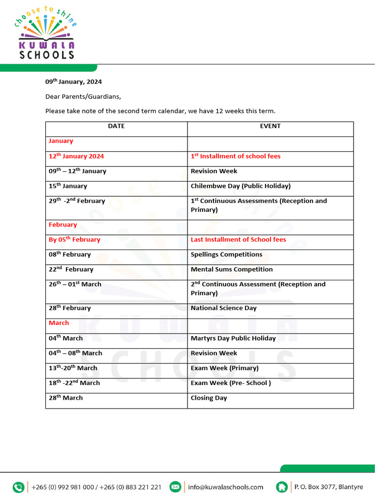 SECOND TERM CALENDAR | PDF