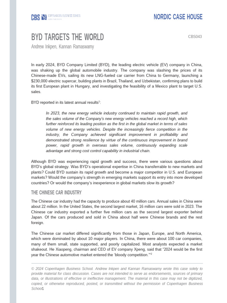BYD Targets The World - Case Study | PDF | Electric Vehicle | Automotive Industry