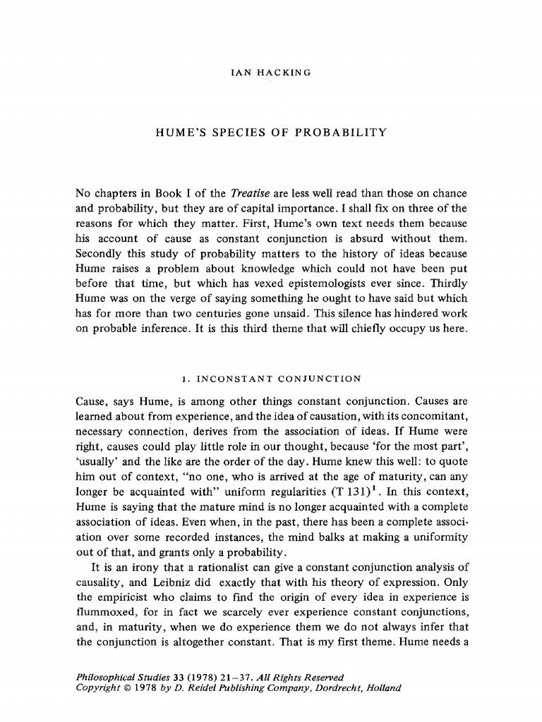 Hacking, Ian - Hume's Species of Probability (1978) | PDF | David Hume ...