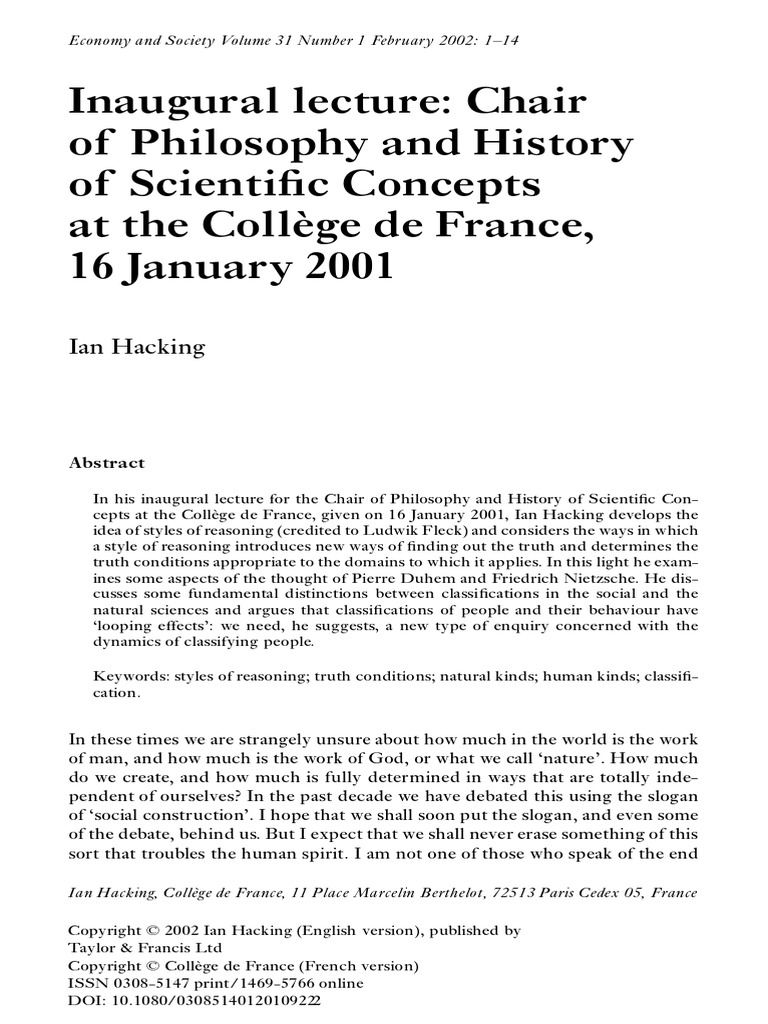Hacking, Ian - Inaugural Lecture (2002) | PDF | Reason | Science