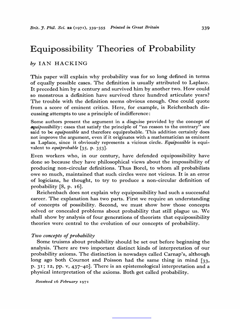 Hacking, Ian - Equipossibility Theories of Probability (1971) | PDF | Probability | Epistemology