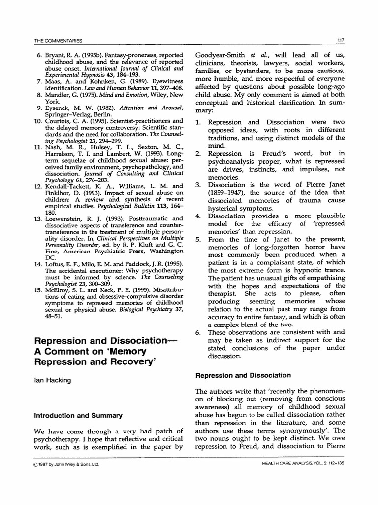 Hacking, Ian - Repression and Dissociation - A Comment (1997) | PDF ...