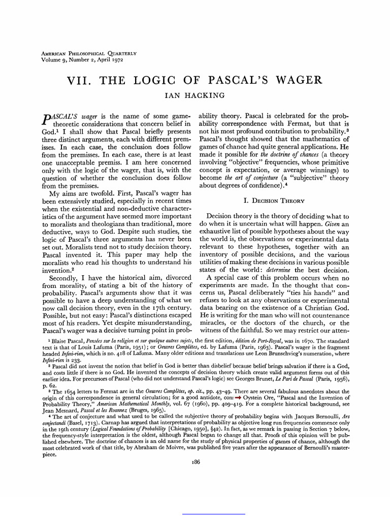 Hacking, Ian - The Logic of Pascal's Wager (1972) | PDF | Argument | Theory