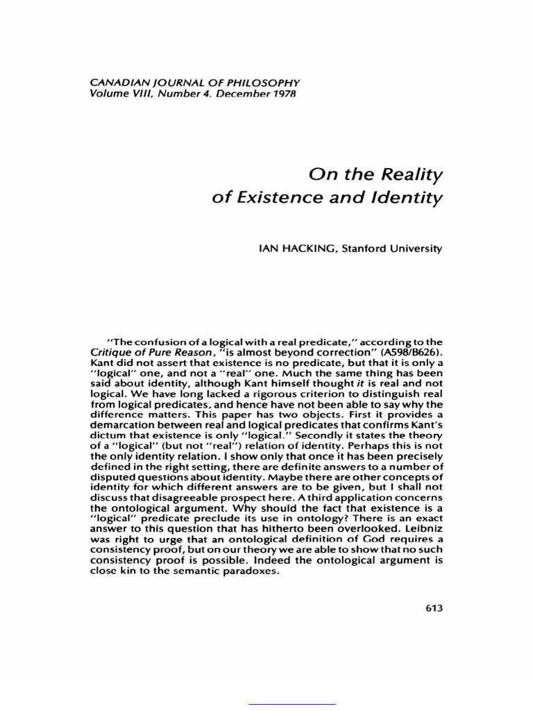 Hacking, Ian - On The Reality of Existence and Identity (1978) | PDF ...