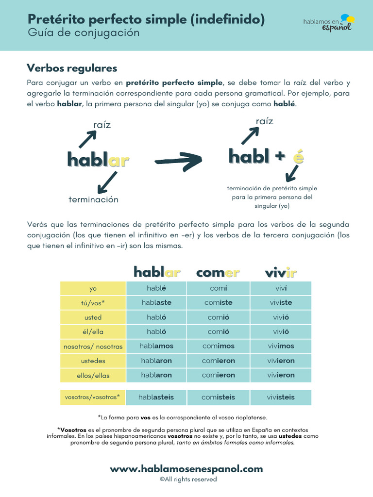 Preterito Perfecto Simple Indefinido Guia de Conjugacion 2 | PDF ...