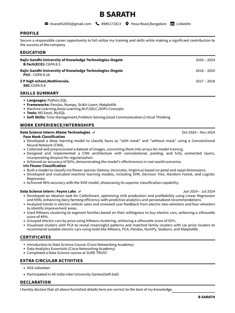 B Sarath Resume | PDF | Deep Learning | Artificial Intelligence