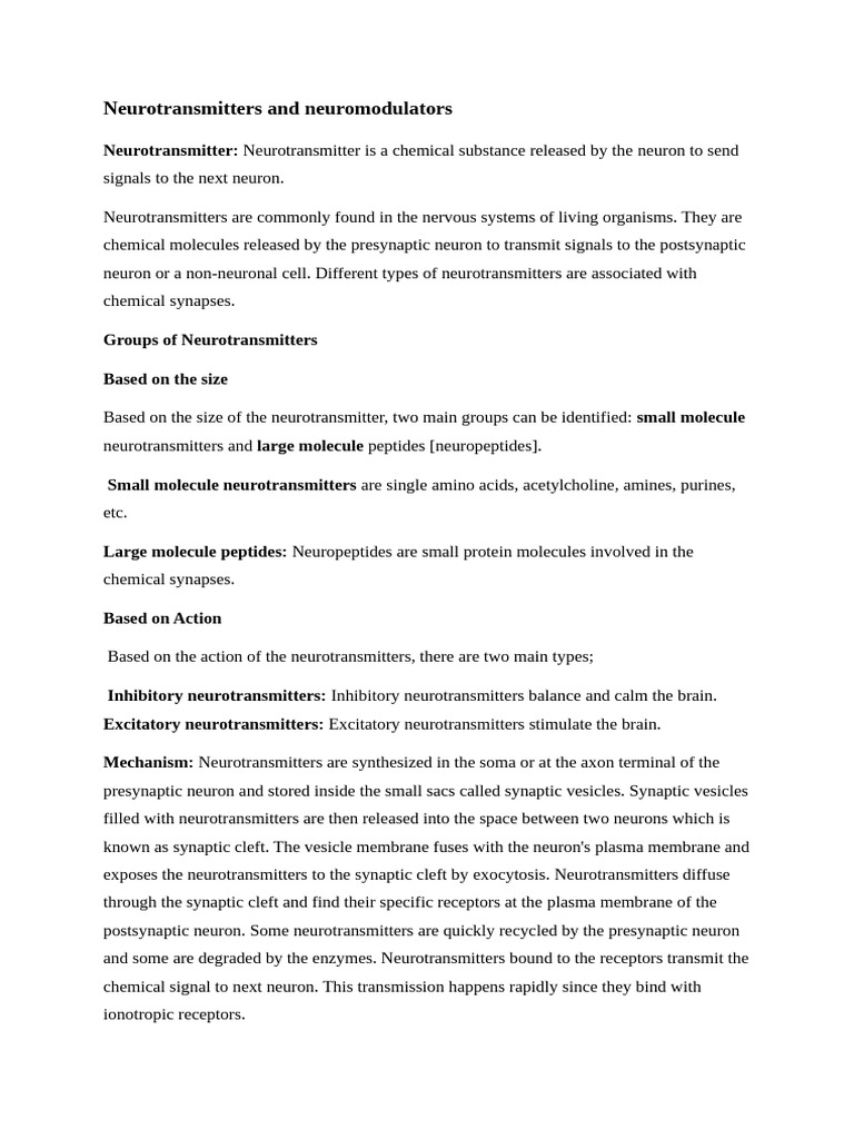 Neurotransmitters vs Neuromodulators Explained | PDF | Neurotransmitter ...