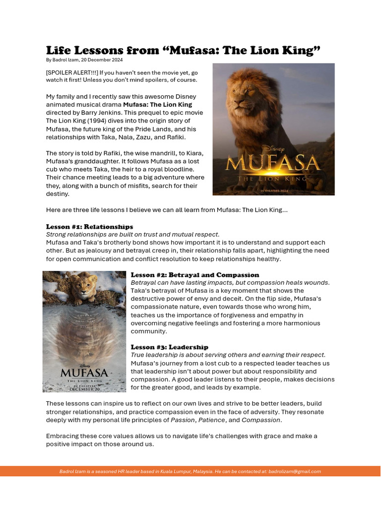 Life Lessons from Mufasa: The Lion King | PDF | Compassion | Social ...