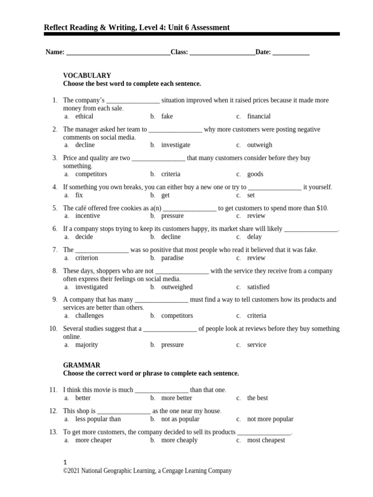 Reflect RW4 Assessment AnswerKey Unit06 | PDF | Brand | Advertising
