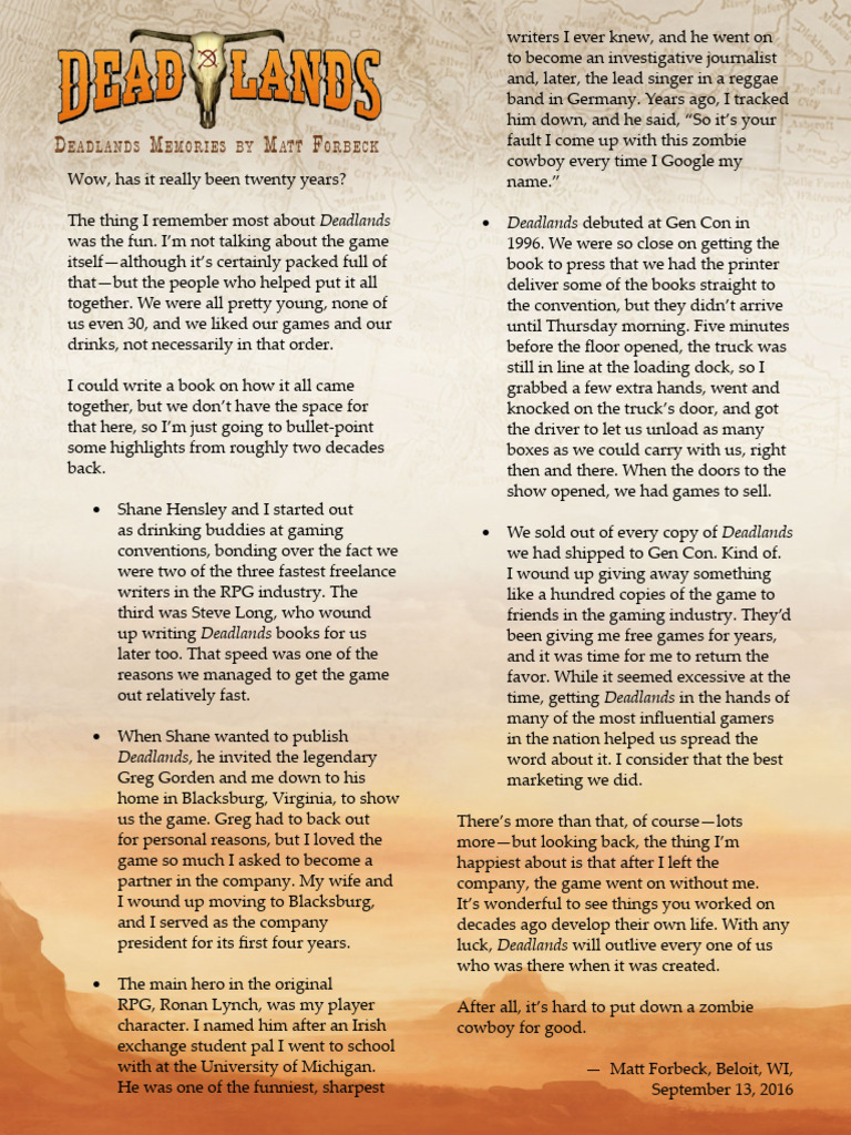Deadlands Memories by Matt Forbeck (2016) | PDF