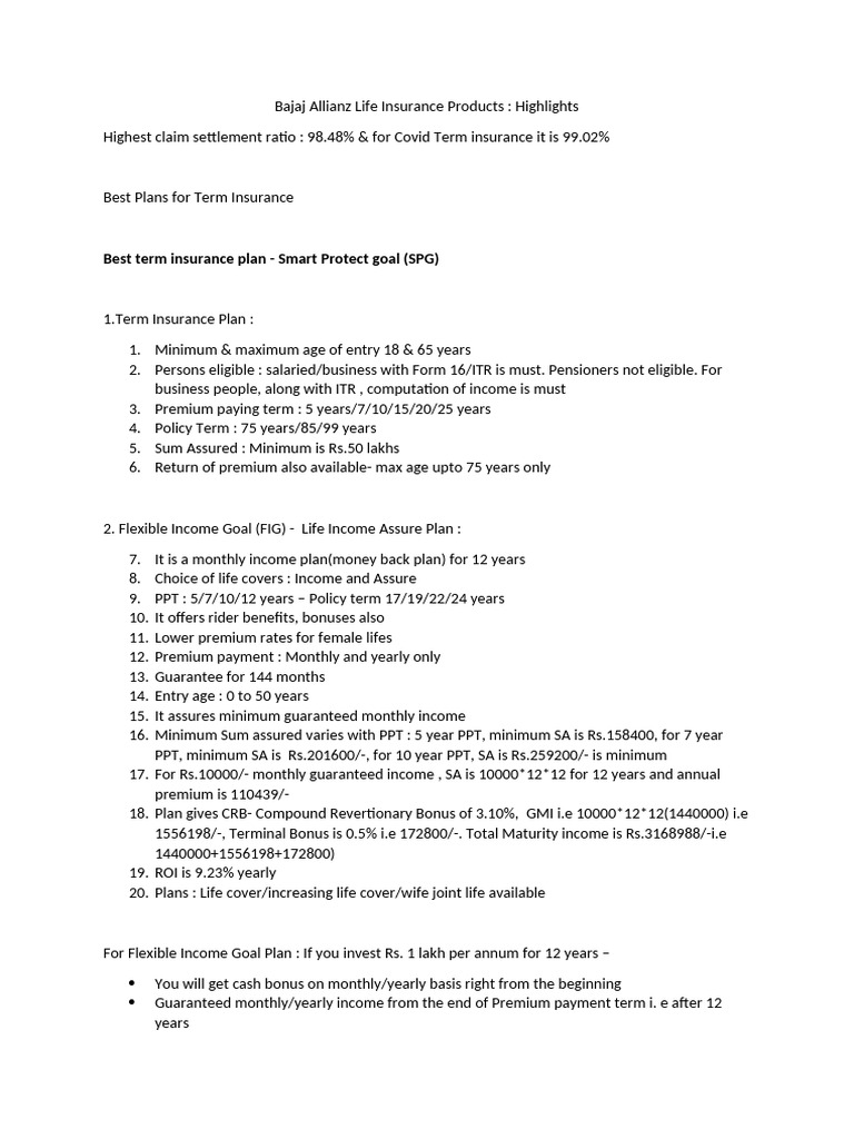 Bajaj Insurance Plan Benefits | PDF | Insurance | Financial Risk