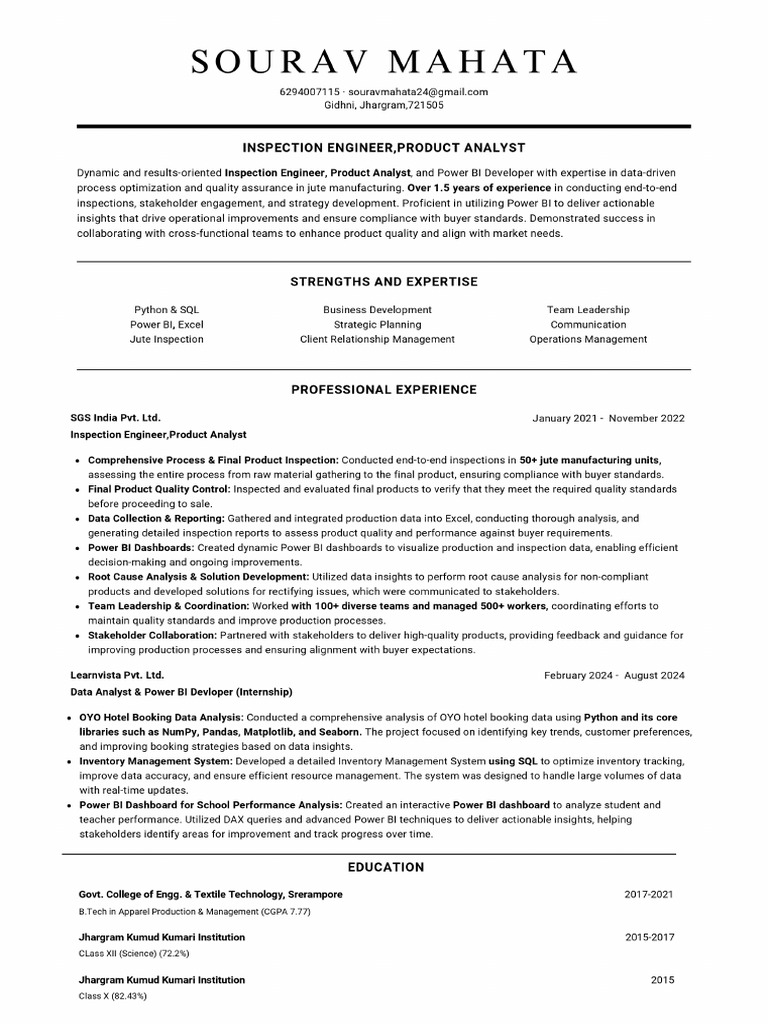 Sourav Mahata CV For Cotecna | PDF