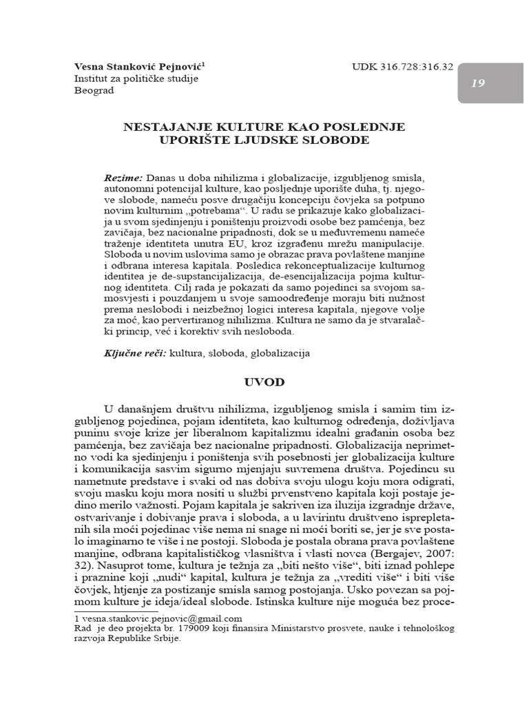 NESTAJANJE KULTURE KAO POSLEDNJE Vesna Stankovic Pejinovic | PDF