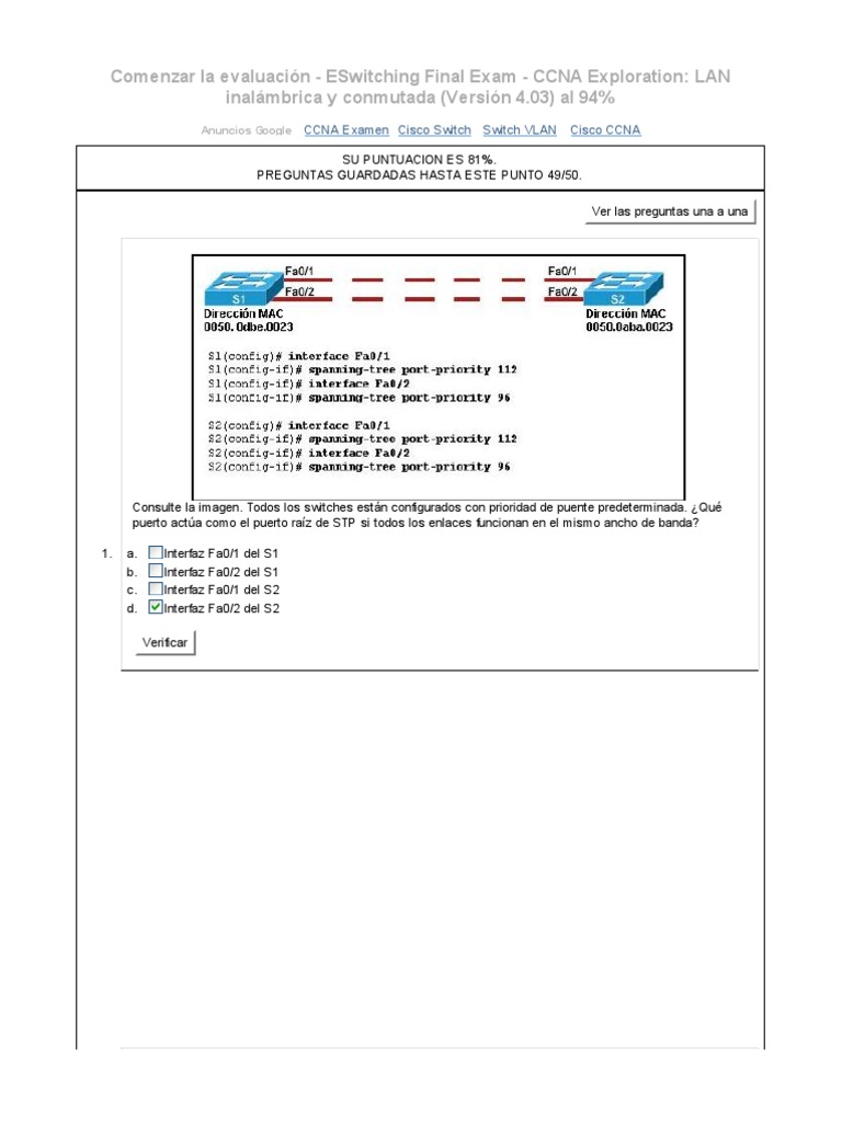 Examen CCNA3 Final A | PDF | Enrutador (Computación) | Conmutador de red