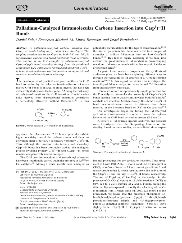Angew Chem Int Ed - 2016 - Solé - Palladium‐Catalyzed Intramolecular Carbene Insertion into C ...