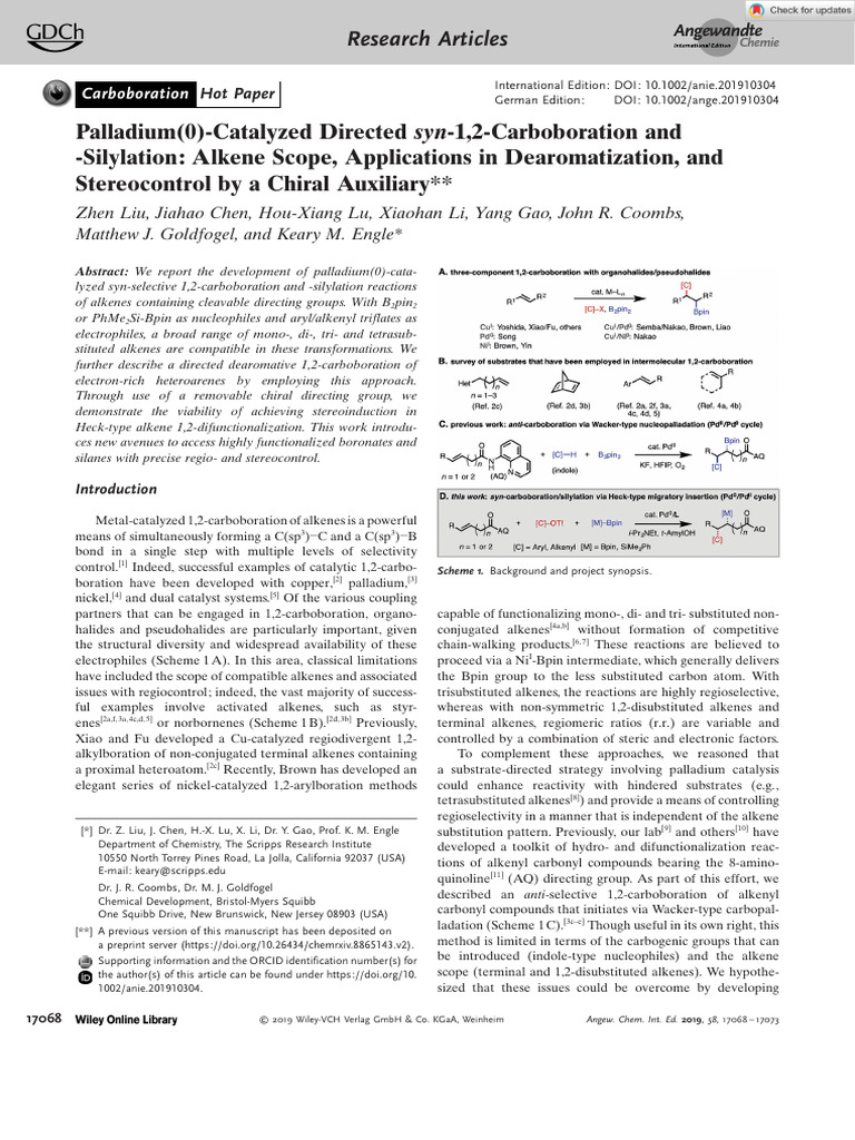 Angew Chem Int Ed - 2019 - Liu - Palladium 0 ‐Catalyzed Directed Syn‐1 2‐Carboboration and ...