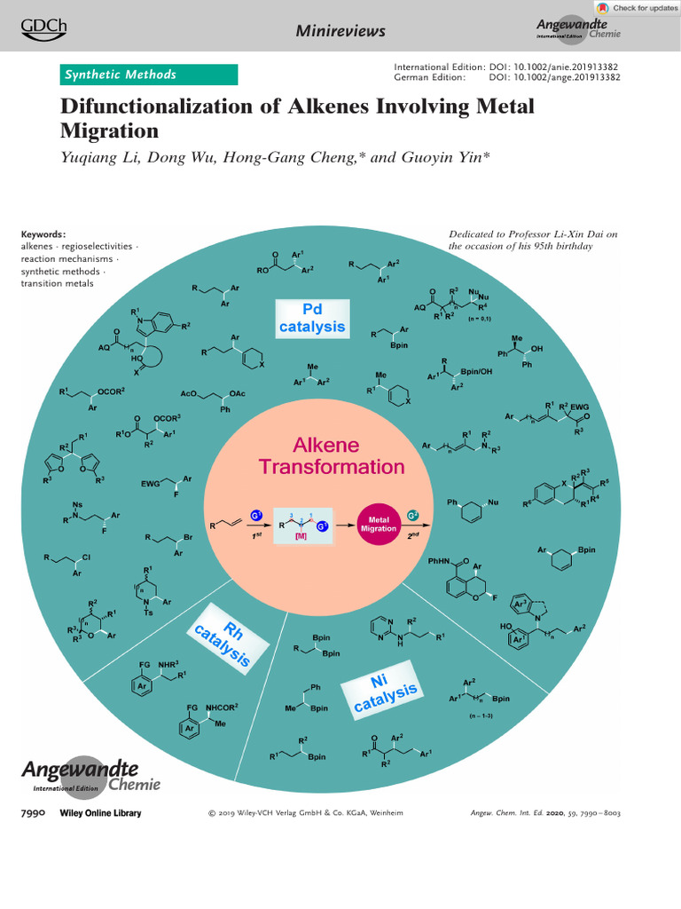 Angew Chem Int Ed - 2019 - Li - Difunctionalization of Alkenes Involving Metal Migration | PDF ...